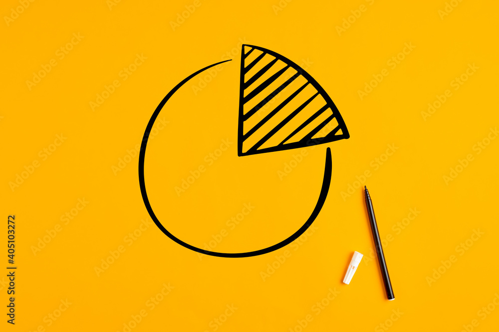 Hand drawn pie chart or diagram with a pen marker on yellow background ...