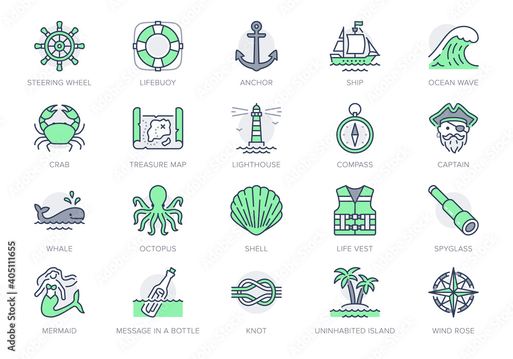 Marine line icons. Vector illustration included icon as anchor, sea ...