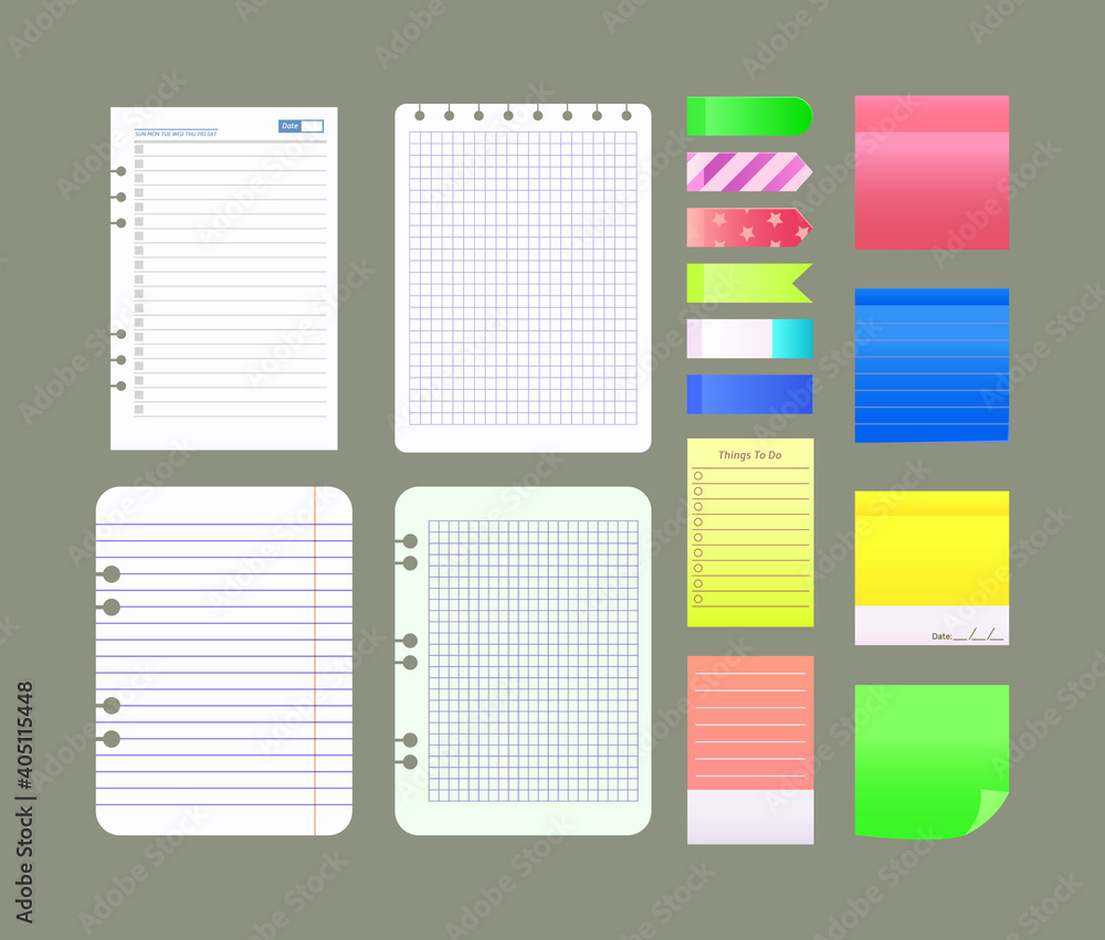 Paper notes on stickers, reminders notepads, memo messages torn paper ...