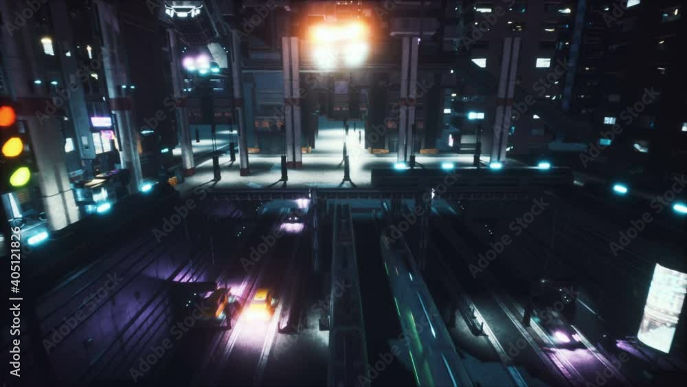 A flying car flies over the night futuristic city of the future ...