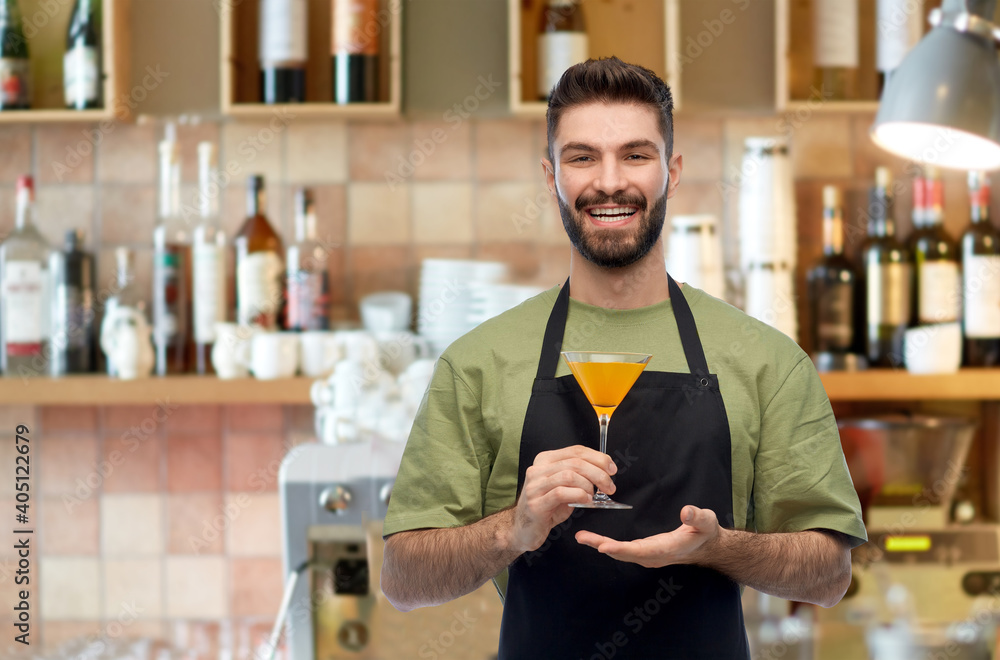 alcohol drinks, people and profession concept - happy smiling barman in ...