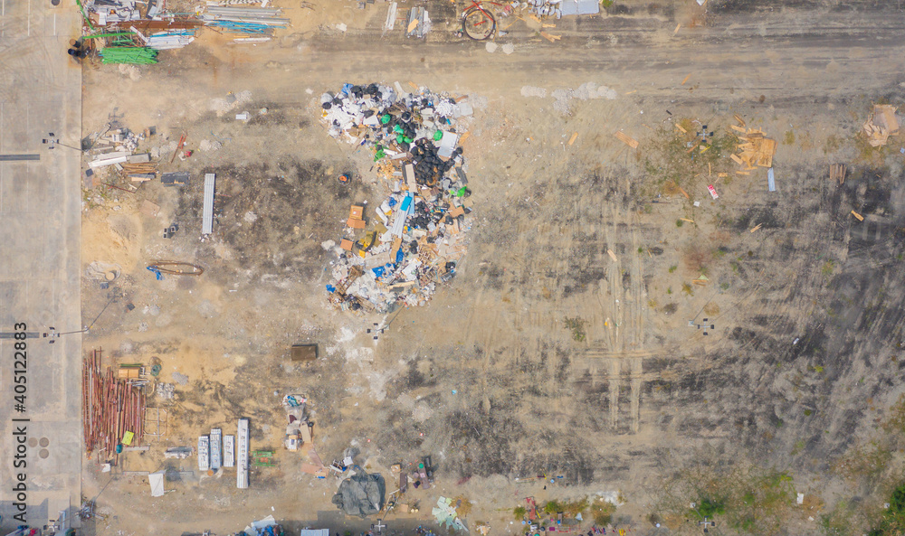 Aerial view of stack of different types of garbage pile, plastic bags ...