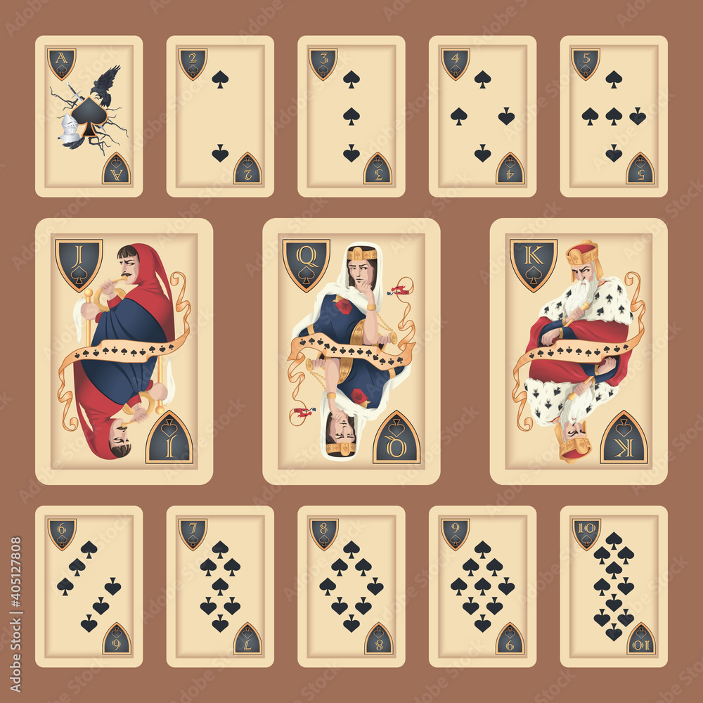 Classic cards of Spades suit on a green background. Original design ...