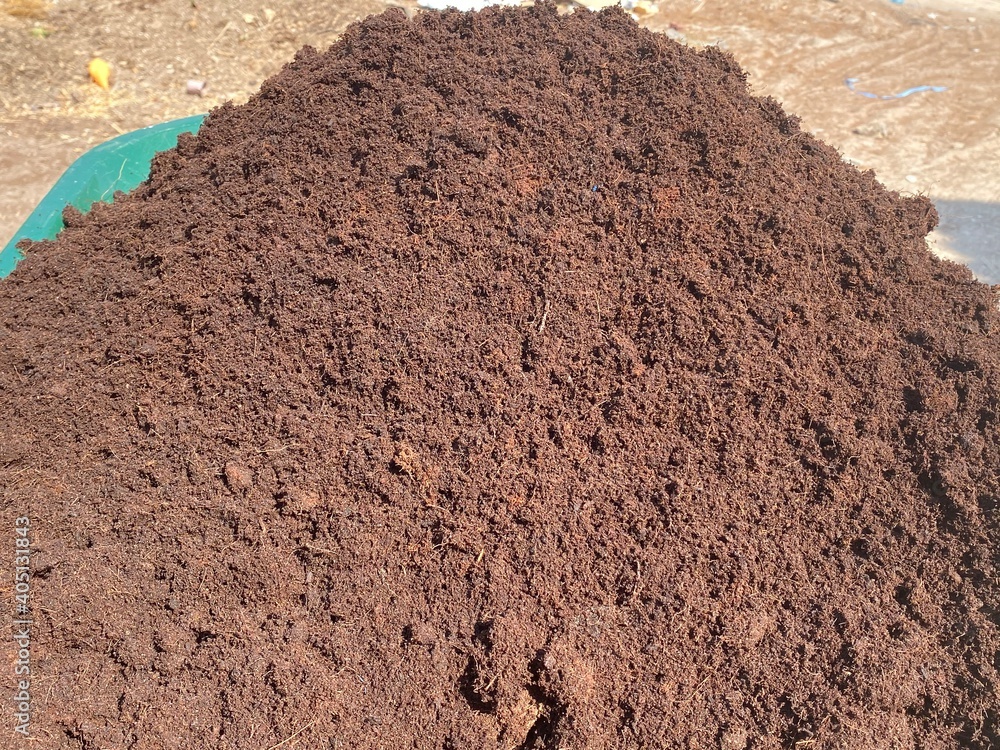 Clean soil for cultivation. The potting soil or peat is suitable for ...