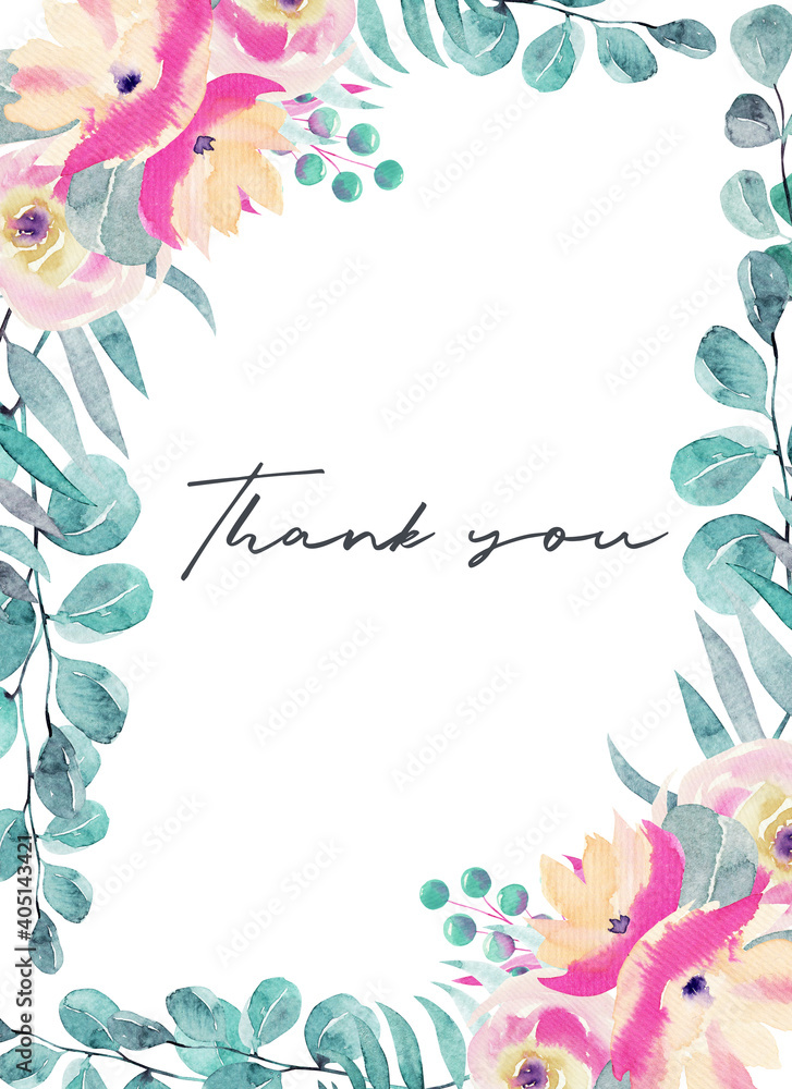 Floral border, card template with watercolor pink flowers, wildflowers ...