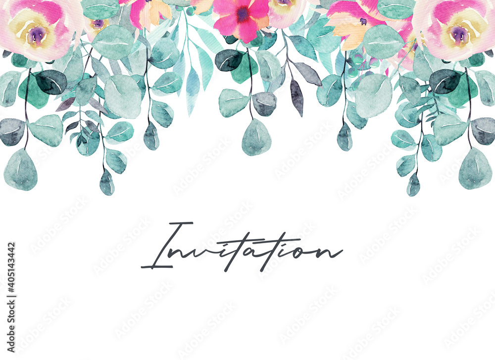 Flower border, card template with watercolor pink flowers, wildflowers ...