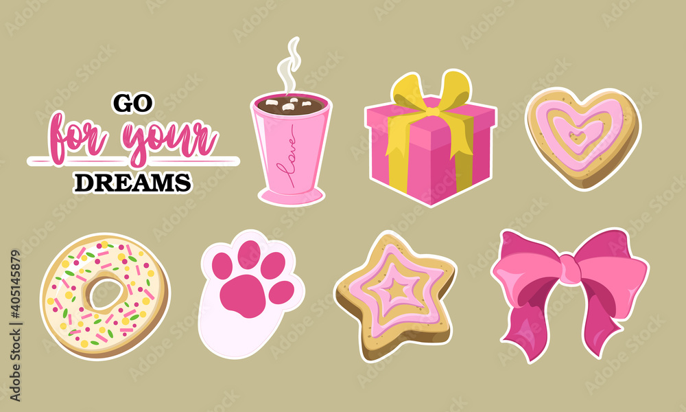 Cute sticker template decorated with cartoon image and trendy lettering ...