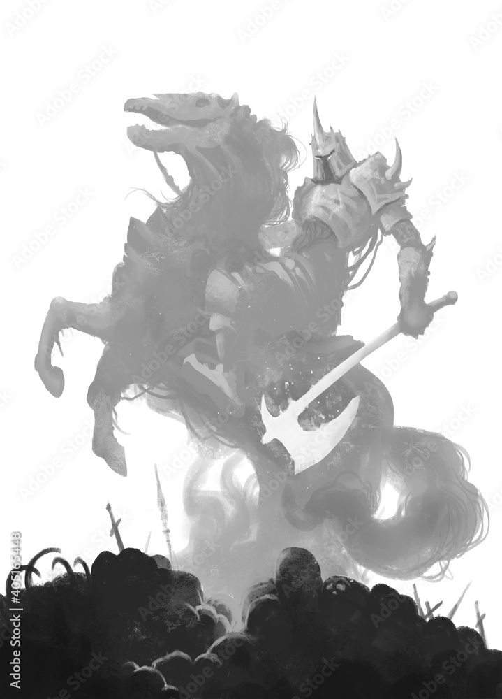 Dead knight rider on a ghost horse with an ax on a hill of skulls ...