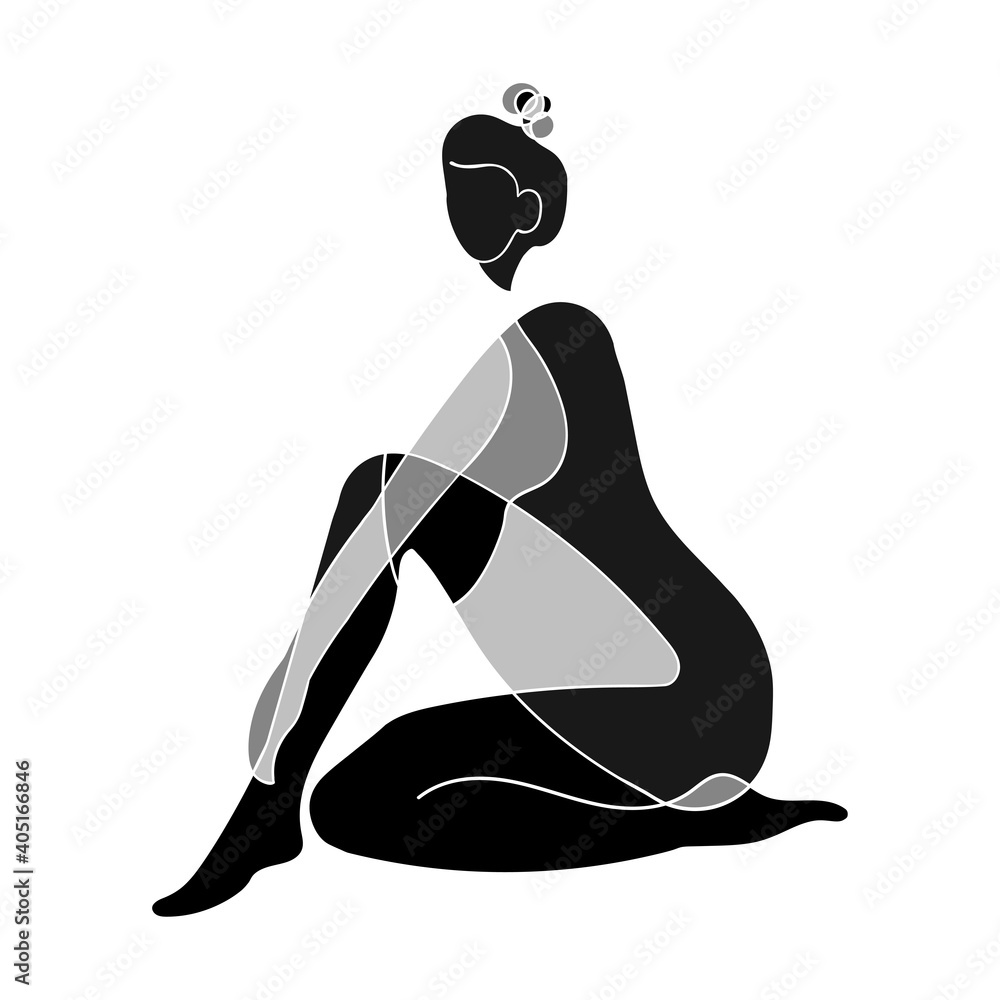 Vector black and white illustration of woman body silhouette. One line ...