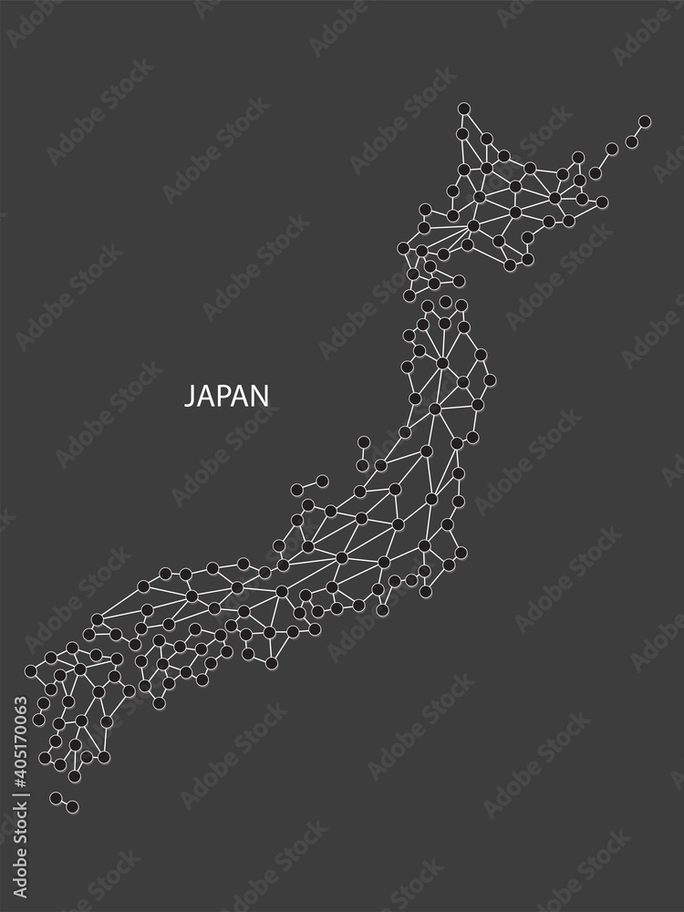 Japan Map Point scales on black background. Wire frame polygonal ...