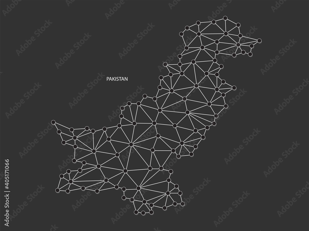Pakistan Map Point scales on black background. Wire frame polygonal ...