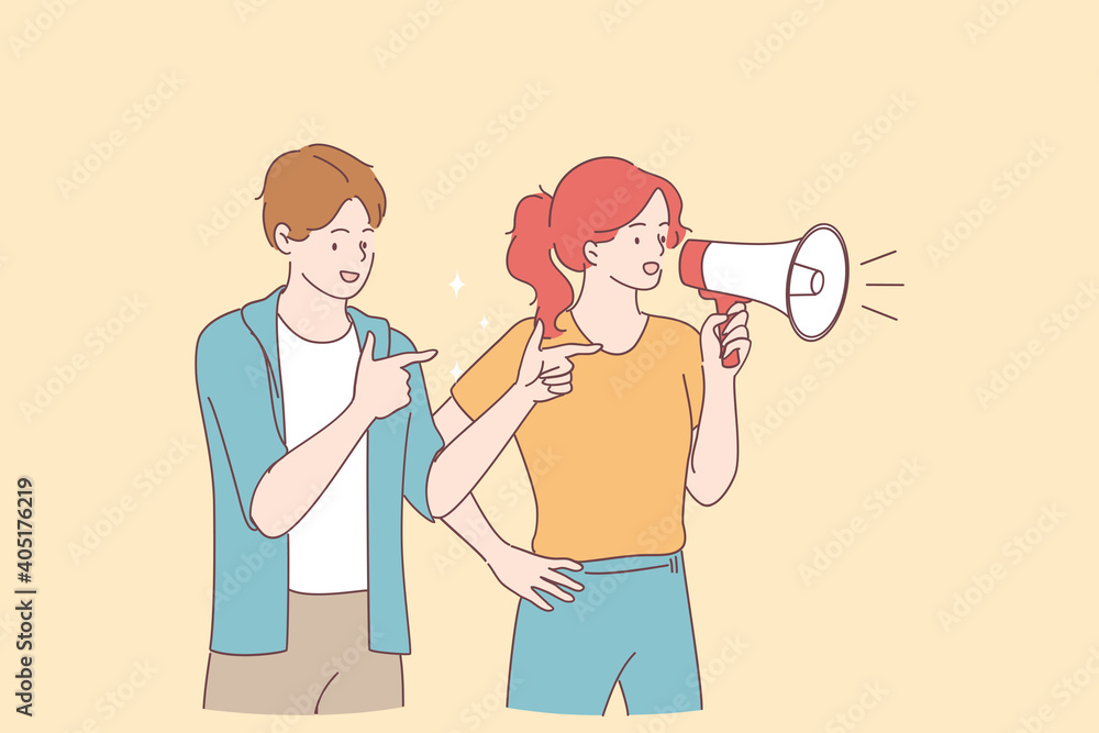 Promotion, Advertisement, announcement concept. Young smiling couple ...