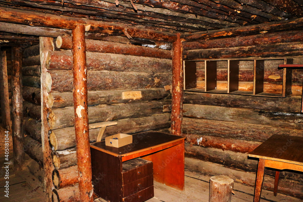 Poster old military dugouts in forest with trenches lined and ...
