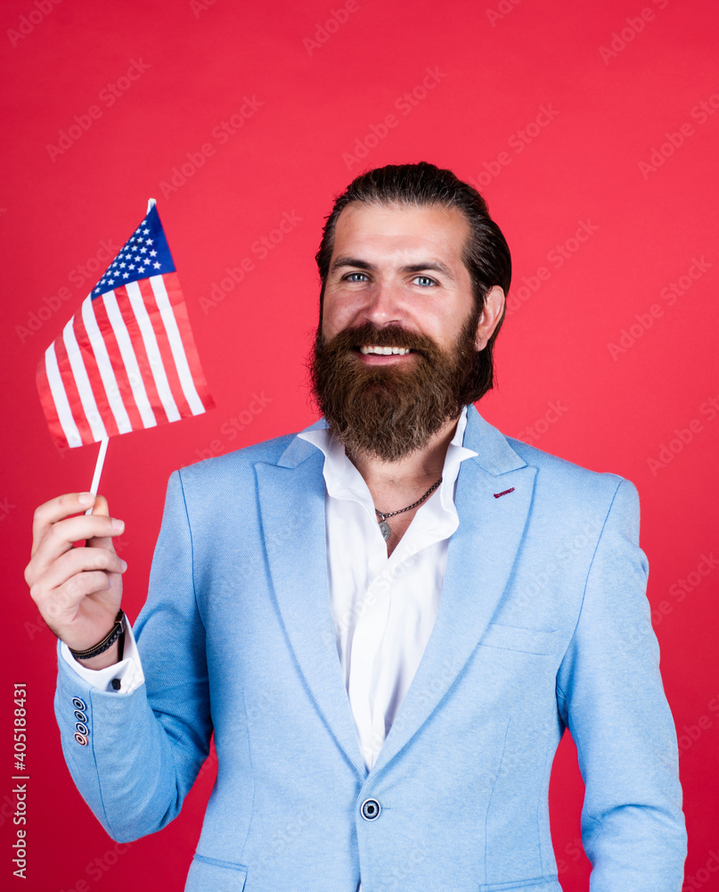 patriotism concept. brutal handsome man with moustache. work and travel ...