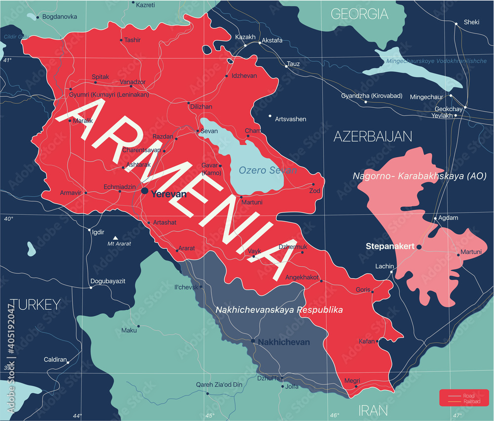Armenia country detailed editable map with cities and towns, roads and ...