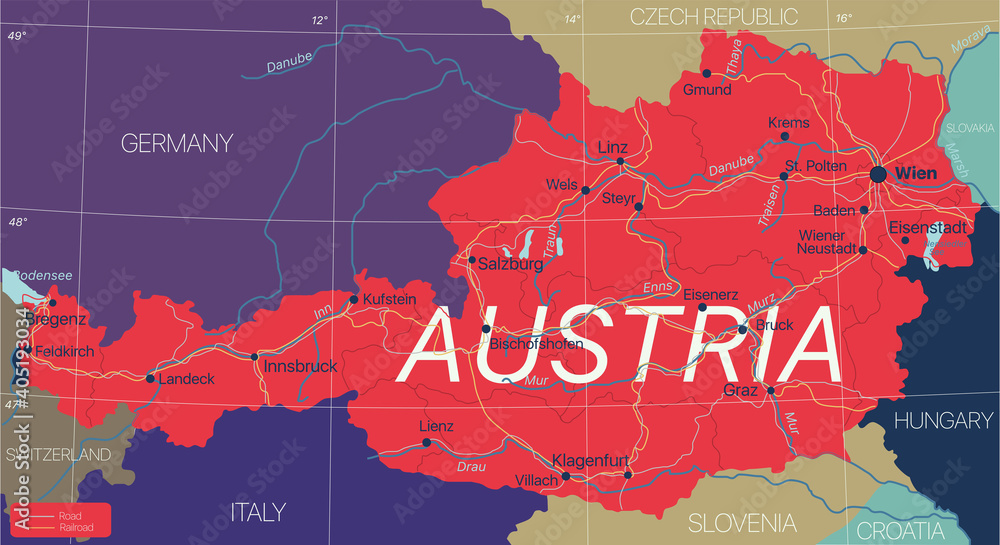 Austria country detailed editable map with cities and towns, roads and ...