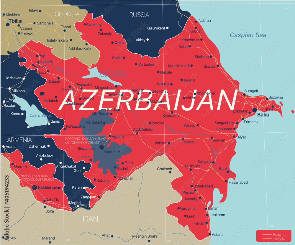 Azerbaijan country detailed editable map with cities and towns, roads ...