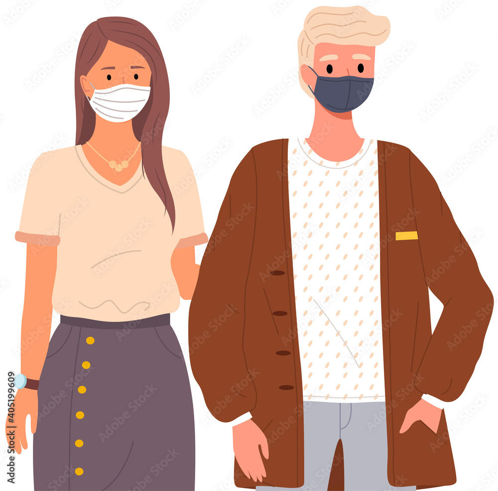 Cartoon characters are wearing medical masks. People stand together and ...