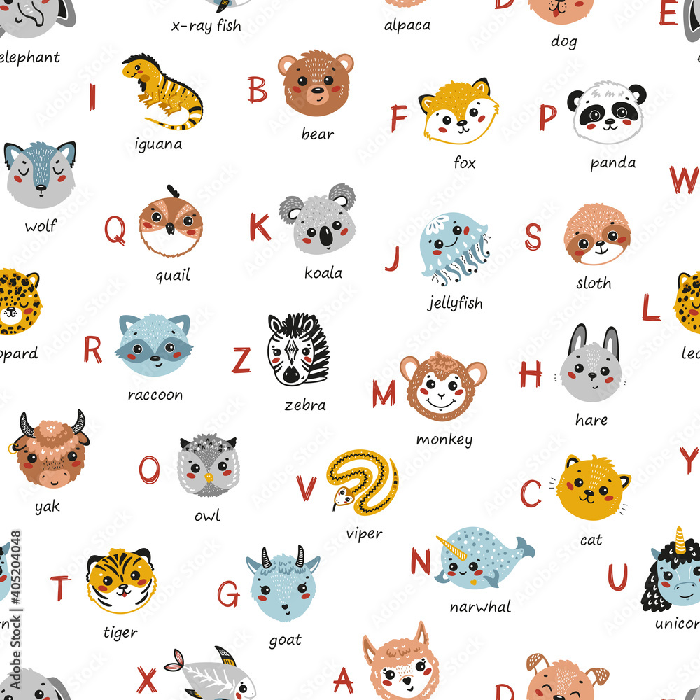 Cartoon Cute Animal Alphabet Seamless Pattern. Funny Baby Animals Faces ...