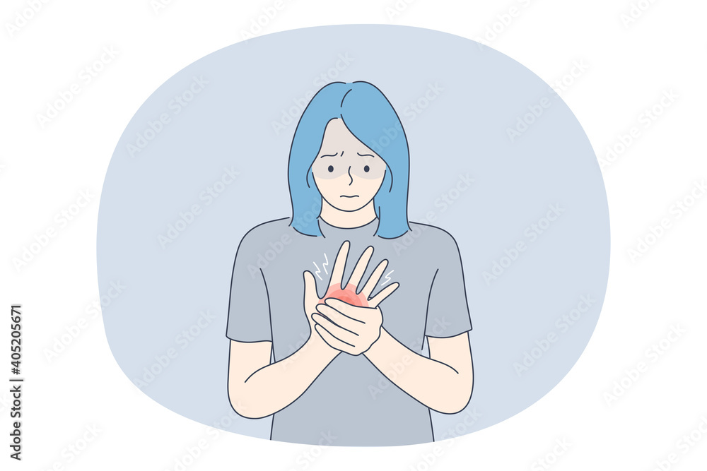 Suffering from pain in muscles, joints, injuries concept. Young unhappy ...