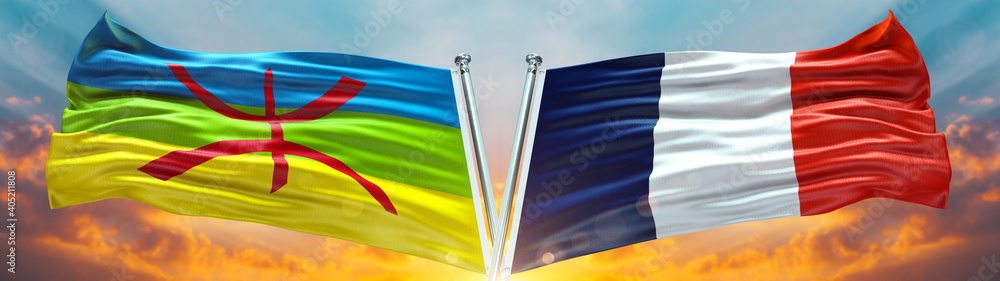Double Flag France and Amazigh Kabyle flag waving flag with texture sky ...