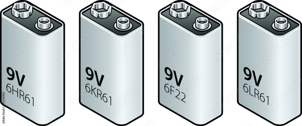 Detailed 9V dry cell batteries labelled with their common names and IEC ...