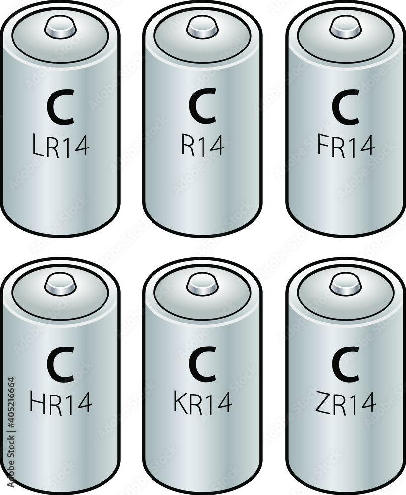 Vetor de Detailed C-size dry cell batteries labelled with their common ...