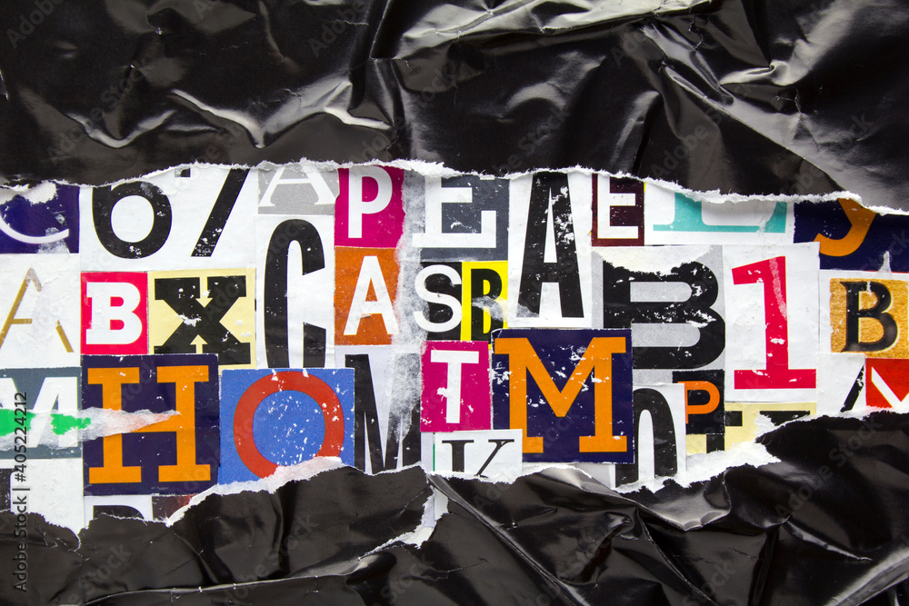 Torn and crumpled black paper on collage from clippings with newspaper ...