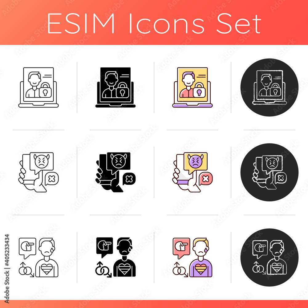 Cyberbullying icons set. Make account private. Social media cyber ...