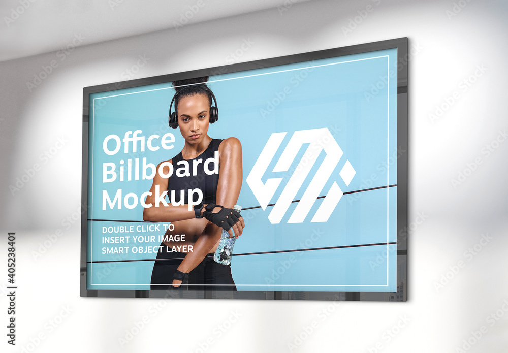 Billboard Hanging on Sunlit Office Wall Mockup Stock Template | Adobe Stock