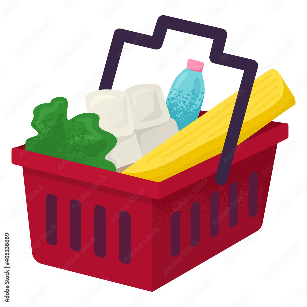 Market foodstuff basket with egg pack, water bottle, organic green ...
