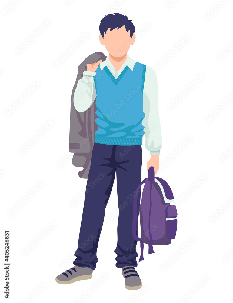 Modern student character boy standing wearing school uniform, male hold ...