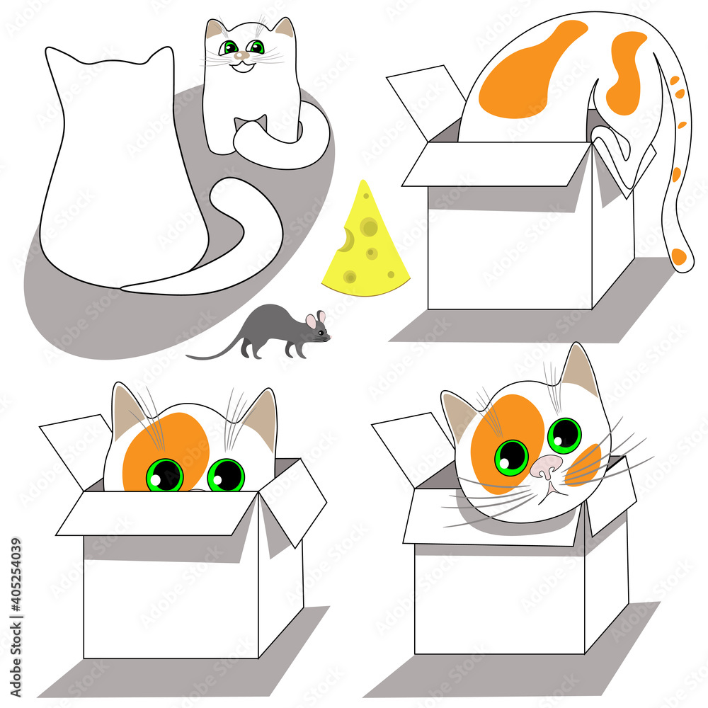 Set of clipart, cats and mouse isolated on white background. Art ...