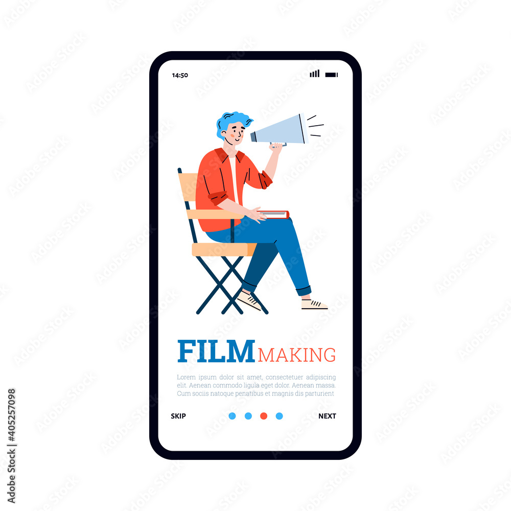 Mobile phone screen with male director of film with a megaphone in ...