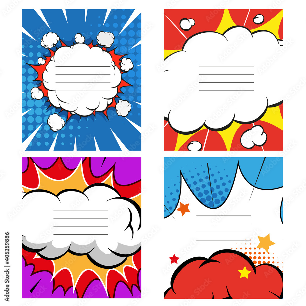 Set of 4 comics book design element. Vector illustration. Notebook ...