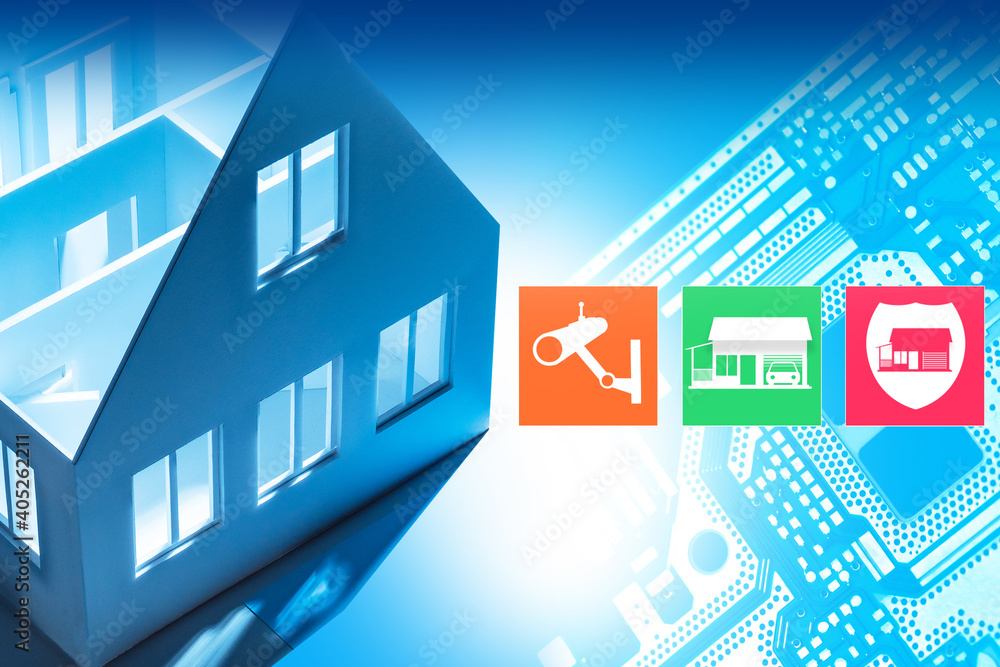 Safe house symbols next to cottage layout. Home safety. Camera and ...