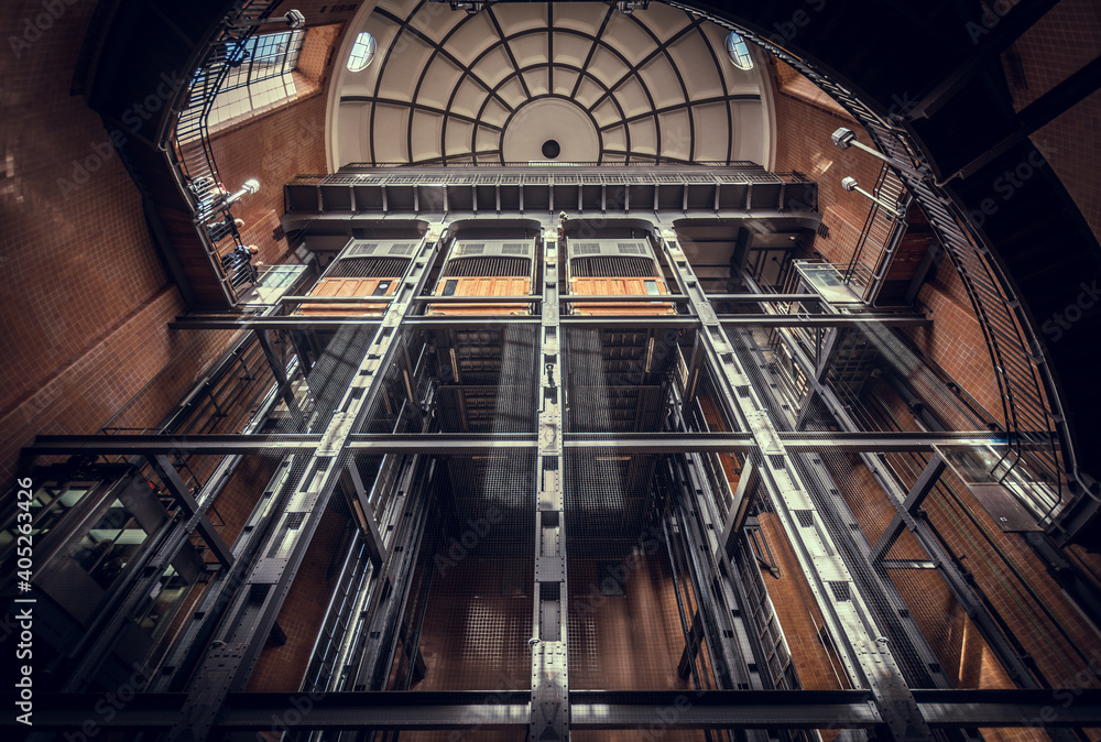 View of the car elevator in the entrance portal of the tunnel called ...
