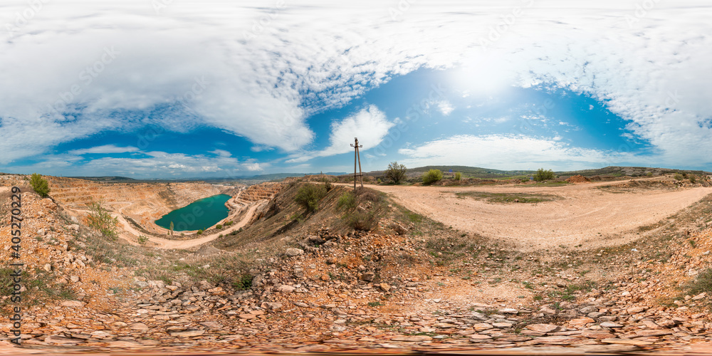 Spherical panorama of emerald lake in a flooded quarry. Emerald green ...