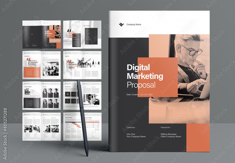 Digital Marketing Proposal Booklet Layout with Black and Brown Accents ...
