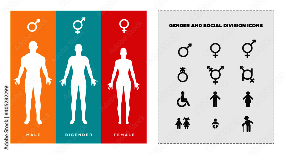 Gender & minority symbols - male, female & bigender + icons. Marketing ...