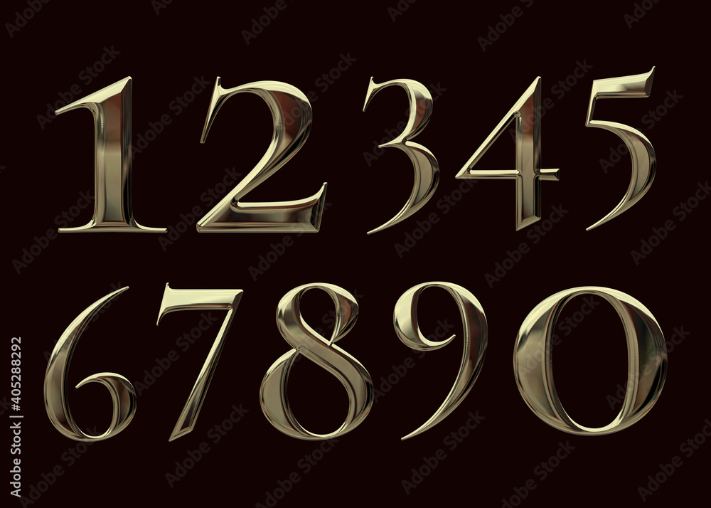 Set of 3D numbers 0-9 with metallic gold texture isolated on red ...