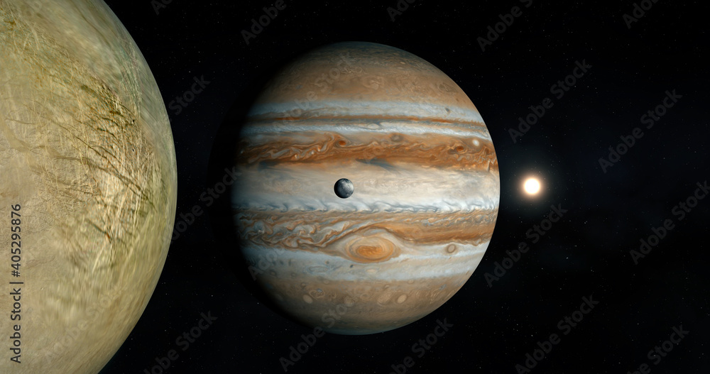 Jupiter and moons, Ganymede and Europe, planets of the solar system ...