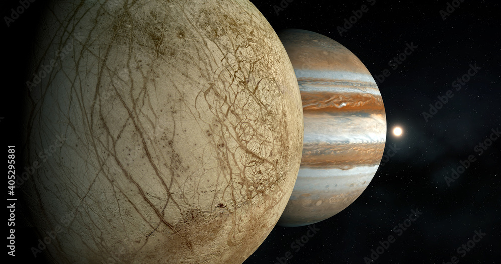 Jupiter and moons, Ganymede and Europe, planets of the solar system ...