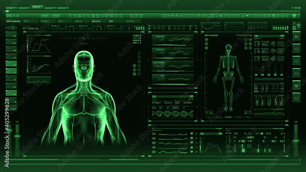 Green futuristic Interface showing analysis of human male anatomy scan ...