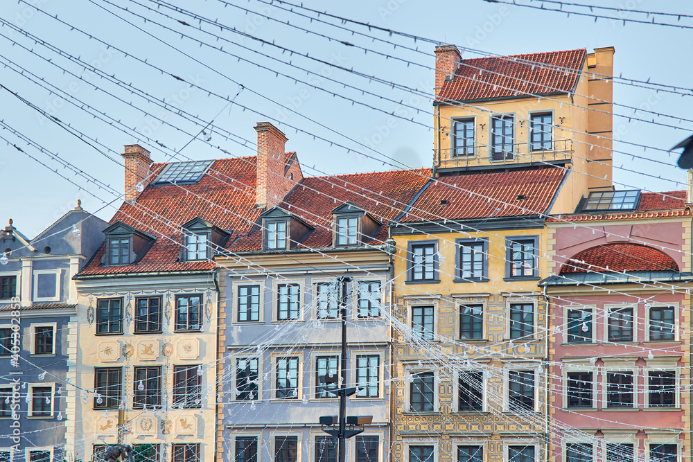 Facades of colorful buildings rebuilt after World War II on the Old ...