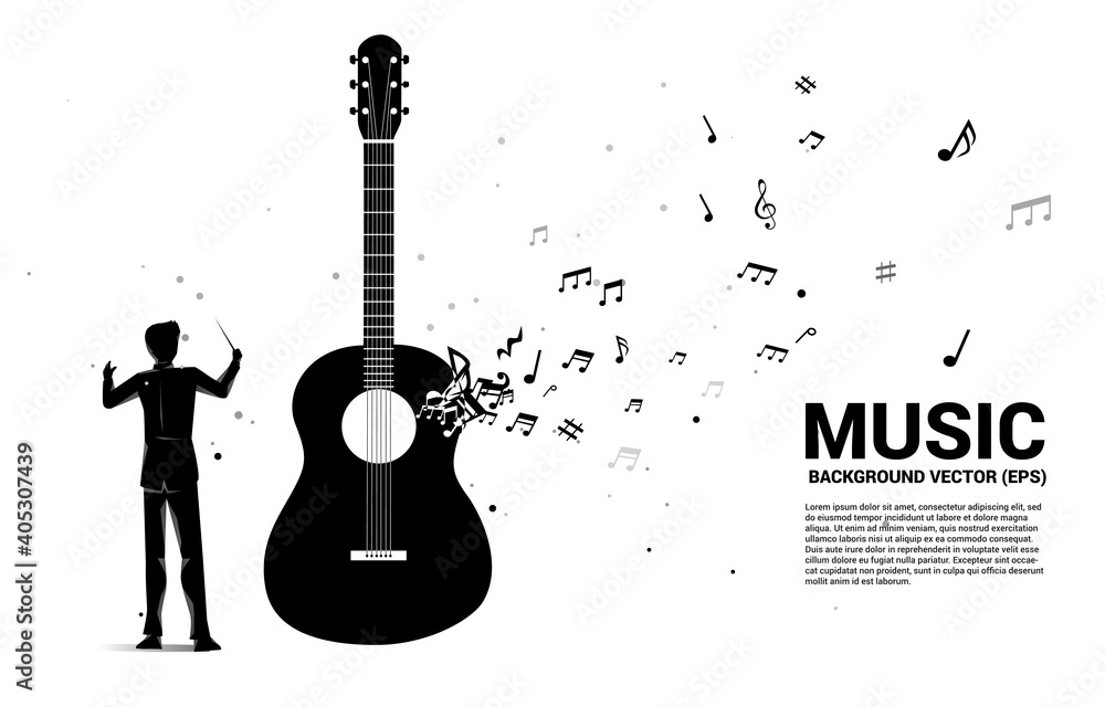 Vector silhouette of conductor with music melody note dancing flow ...