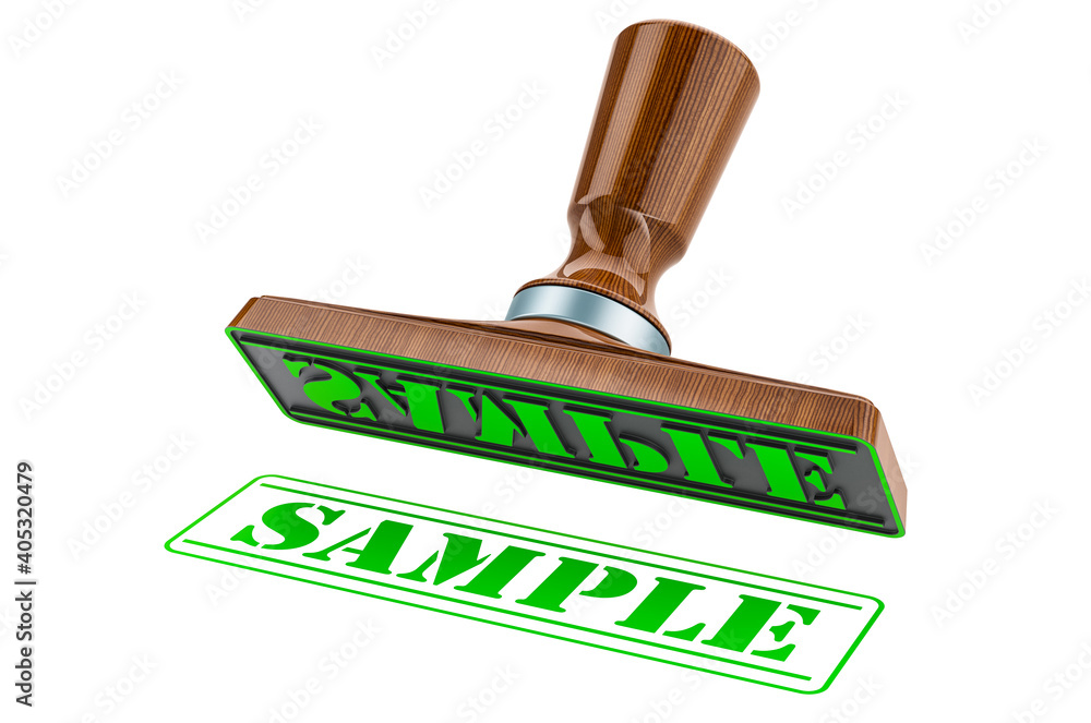 Sample stamp. Wooden stamper, seal with text sample, 3D rendering Stock ...