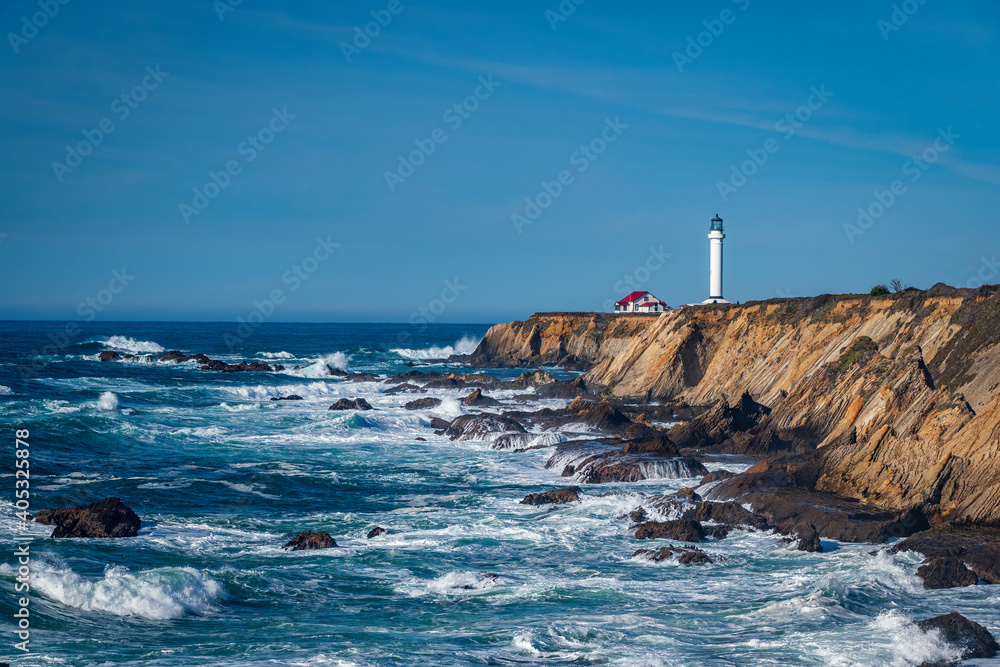 Pt. Arena Lighthouse in Mendocino County, California. The 150 year old ...