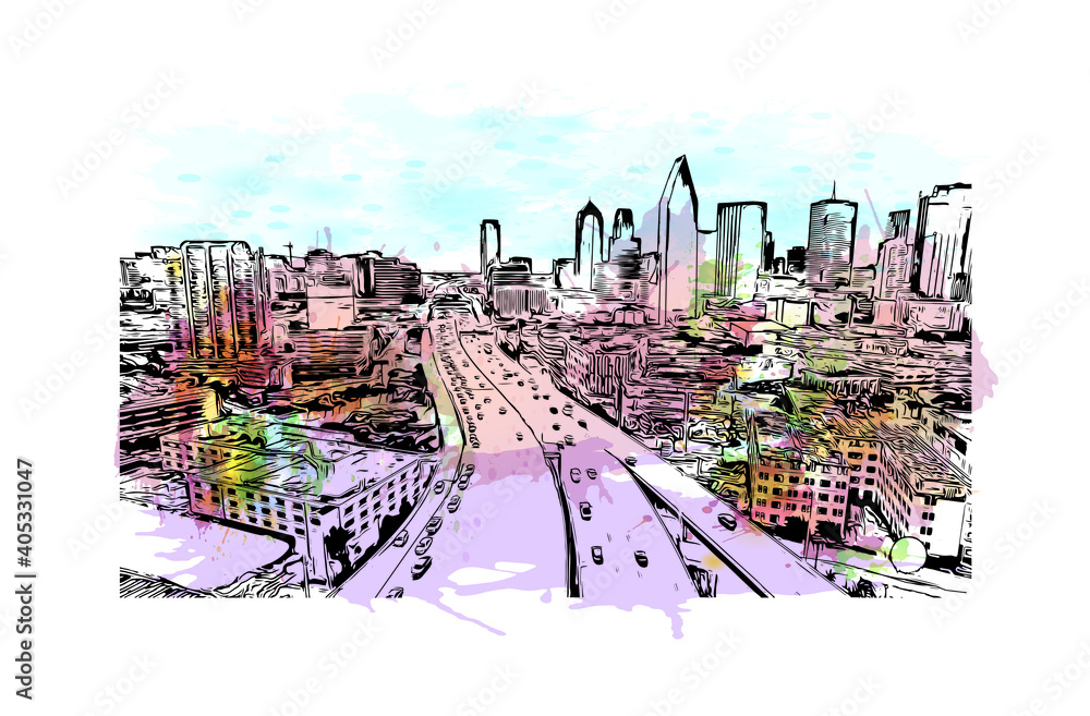 Building view with landmark of Dallas is the city in Texas. Hand drawn ...