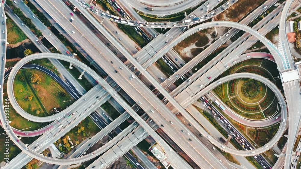 Aerial view of the cars driving on multi-level highway in Bangkok city ...